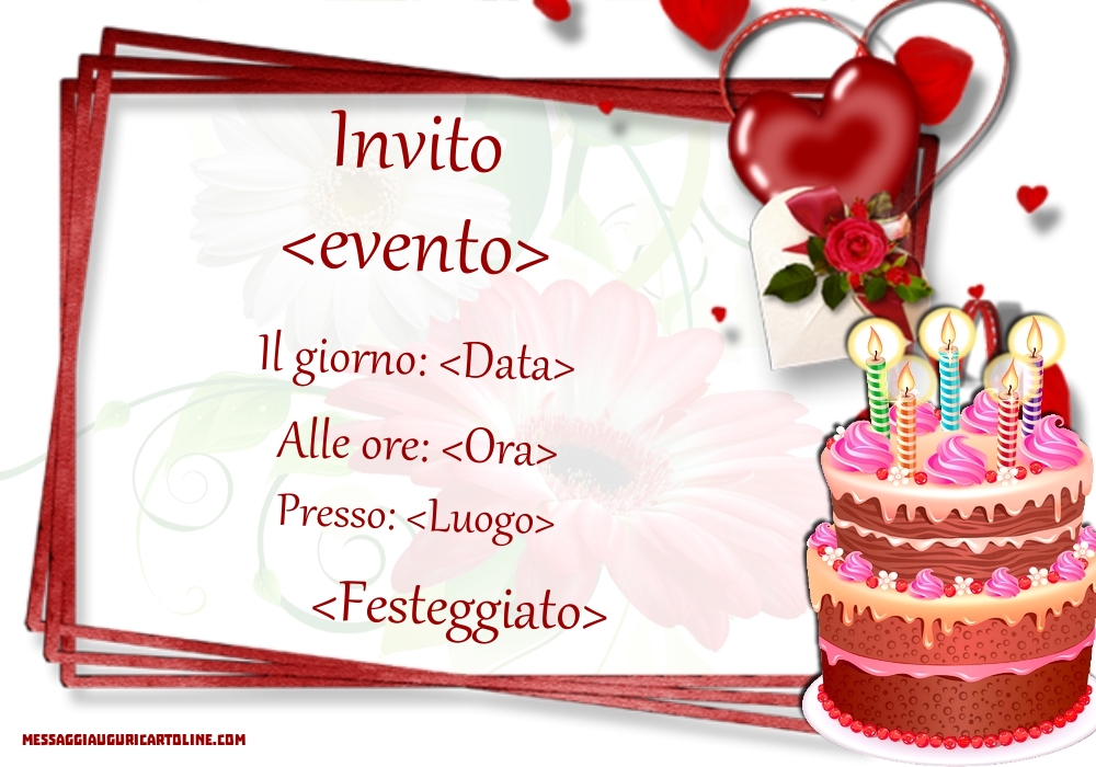 Semplice invito con torta e cuori e sfondo con fiori - Inviti di ...
